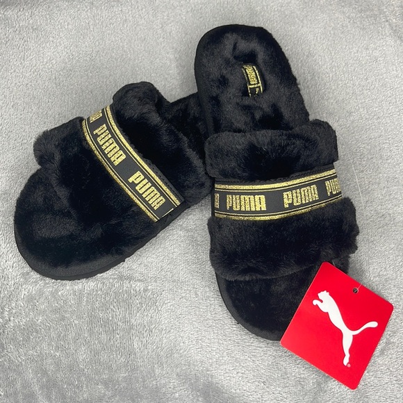 Puma | Shoes | Puma Fluffy Sliders Black Golden | Poshmark